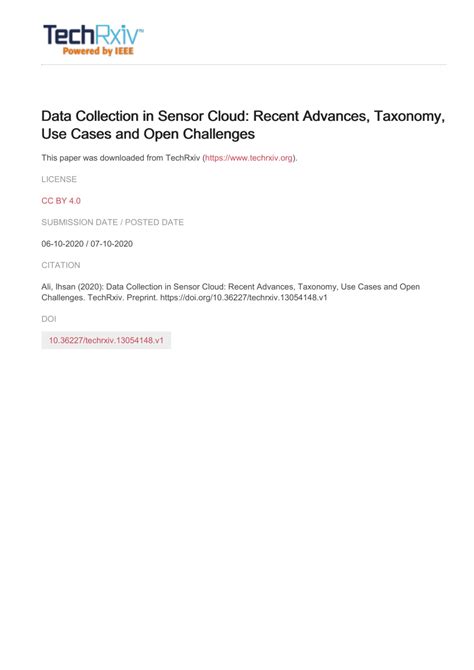 Pdf Data Collection In Sensor Cloud Recent Advances Taxonomy Use Cases And Open Challenges