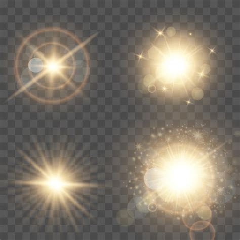 글로우 격리 된 흰색 투명 조명 효과 세트 렌즈 플레어 폭발 반짝이 선 태양 플래시 스파크 및 별 추상 특수 효과 요소 디자인 번개와 빛을 광선 프리미엄 벡터