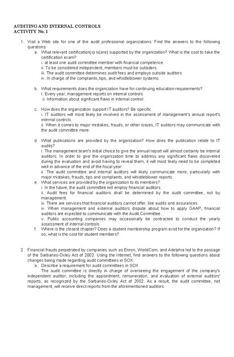Activity 1 Auditing And Internal Controls Auditing And Internal