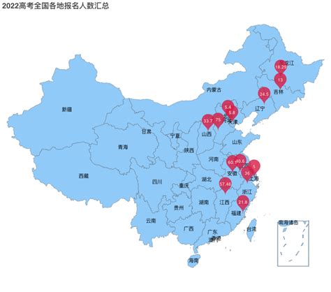 地图 2022年部分地区高考人数的标记统计地图 Chartcool在线图表制作工具
