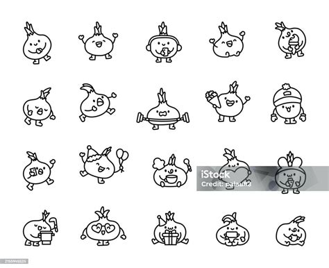 재미있는 양파 캐릭터 색칠 공부 페이지 매력적인 만화 영웅 손으로 그린 스타일입니다 벡터 그리기 디자인 요소 모음 가공의 인물에 대한 스톡 벡터 아트 및 기타 이미지