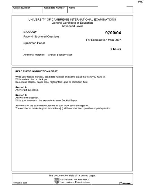 Specimen Qp Paper 4 Cie Biology A Level Pdf Cell Biology Organisms