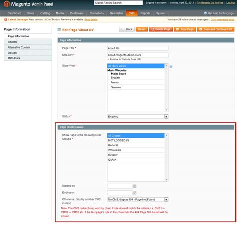 Magento CMS Display Rules User Guide