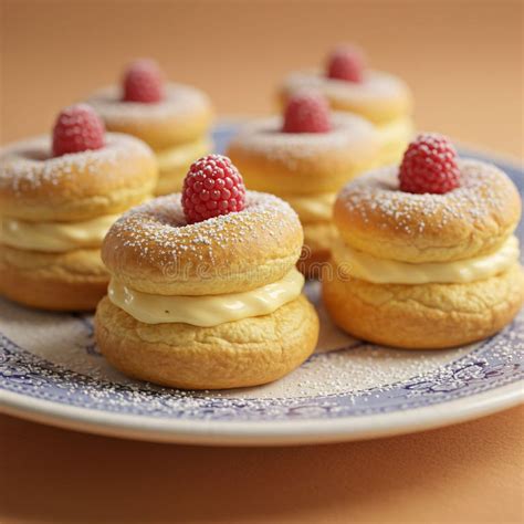 Delicious Cream Filled Choux Buns Topped With Raspberries On A Decorative Plate Stock