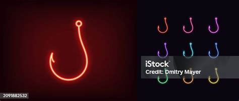 윤곽선 네온 낚시 바늘 아이콘 세트입니다 빛나는 네온 훅 사인 인터넷 사기 및 속임수의 상징 사이버 보안 미끼 및 속임수 디지털 위협 데이터 도난 및 사기 웹 피싱 사기