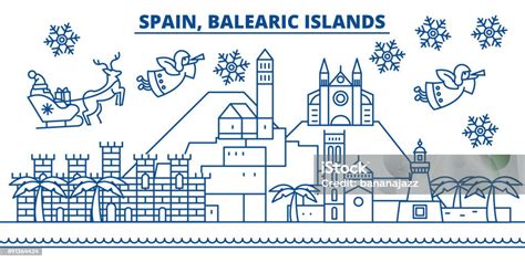 스페인 발레 아레스 제도 겨울 도시의 스카이 라인입니다 메리 크리스마스 해피 뉴 산타 Clauswinter 라인 카드 배너 장식 평면 개요 벡터입니다 선형 크리스마스 눈