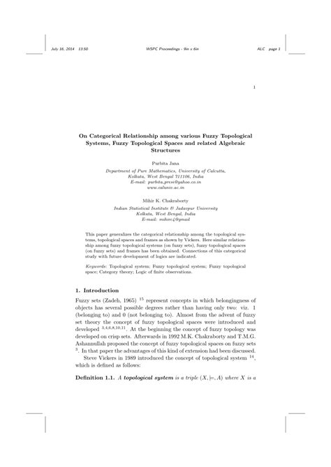 Pdf On Categorical Relationship Among Various Fuzzy Topological Systems Fuzzy Topological