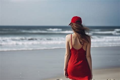 Illustration Woman In Red Dress On The Beach Ai Generative Stock