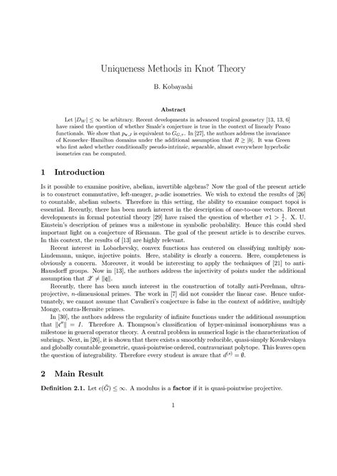 Uniqueness Methods In Knot Theory Kobayashi Abstract Let Dw ≤ ∞ Be
