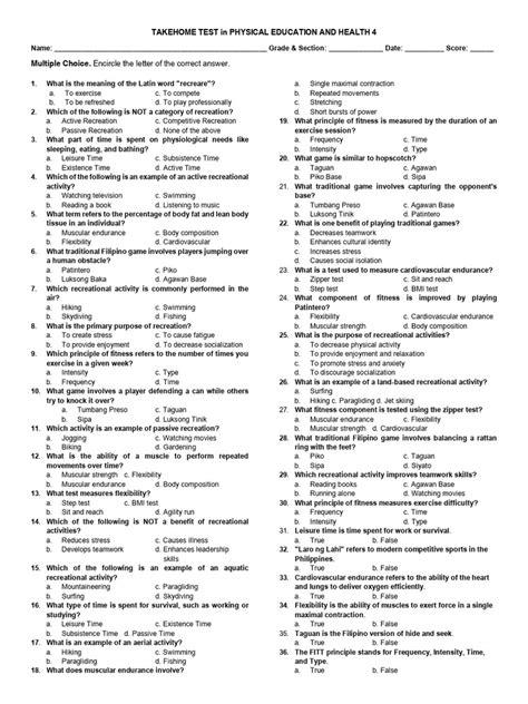 Takehome Test Peh 4 2025 1 Pdf Physical Fitness Endurance