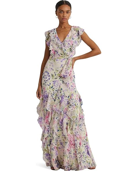 Womens Lauren Ralph Lauren Floral Ruffle Trim Georgette Gown