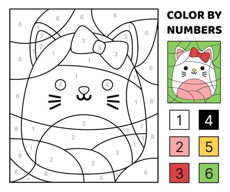 흰색 고양이 숫자별 색상 Squishmallow 색칠 페이지 아이들을 위한 게임 Kawaii 만화 벡터 프리미엄 벡터