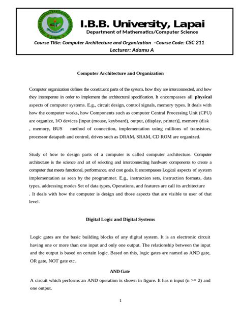 Csc 211 A Computer Organization And Architecture 2021 Pdf
