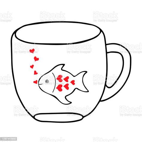 흰색 배경에 고립 된 물고기와 빨간 하트가있는 유리 컵의 검은 손 그리기 벡터 그림 귀여운에 대한 스톡 벡터 아트 및 기타