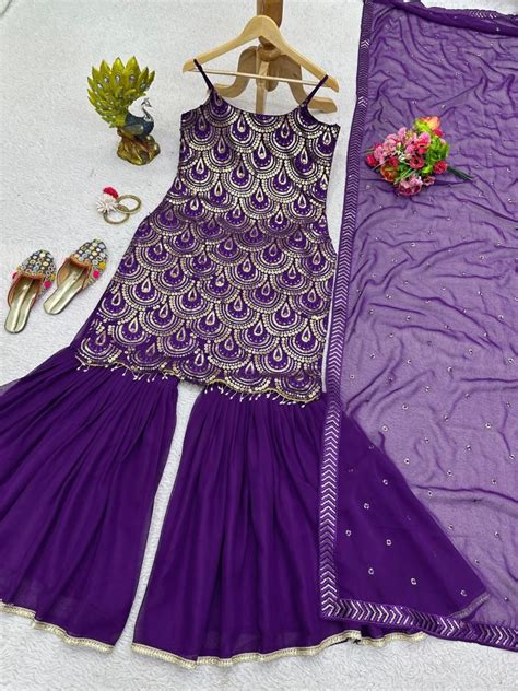 Purple Thread And Sequence Work Striped Top Sharara Suit
