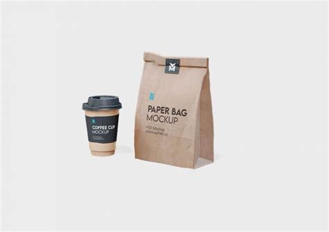 Free Kraft Paper Coffee Cup And Carry Bag Mockups Set Package Mockup