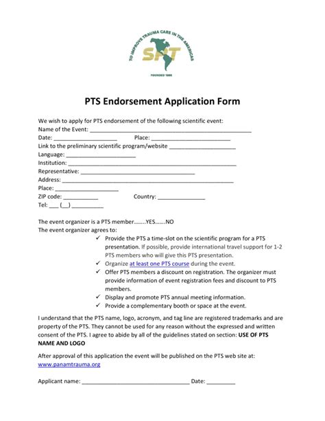 Pts Endorsement Application Form For Events Printfriendly