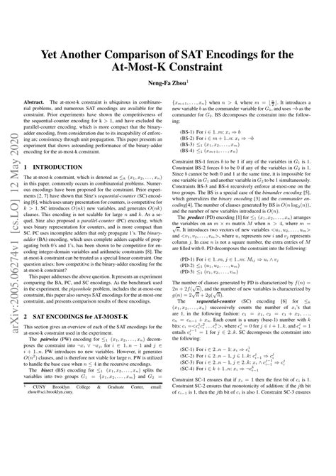 Pdf Yet Another Comparison Of Sat Encodings For The At Most K Constraint