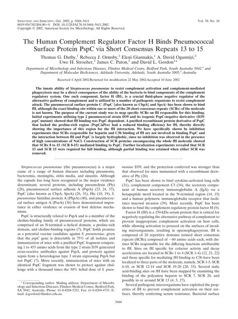 Pdf The Human Complement Regulator Factor H Binds Pneumococcal