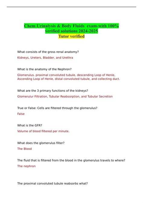 Chem Urinalysis And Body Fluids Exam With 100 Verified Solutions Chem