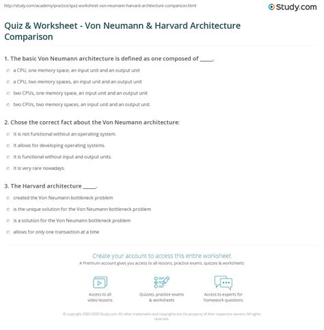 Quiz Worksheet Von Neumann Harvard Architecture Comparison