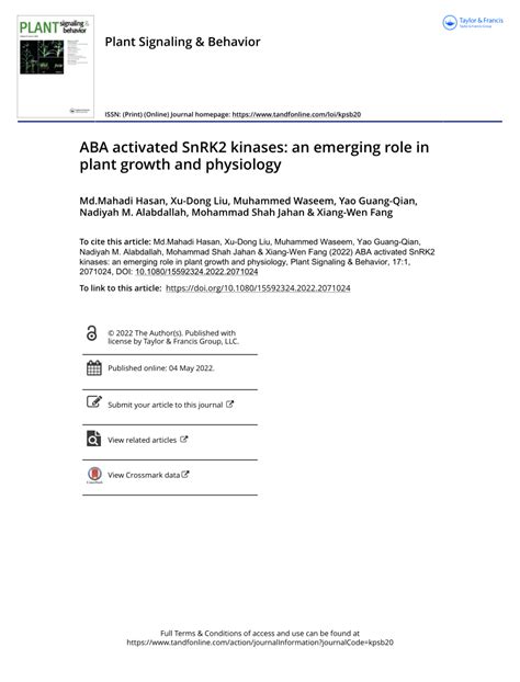 Pdf Aba Activated Snrk2 Kinases An Emerging Role In Plant Growth And
