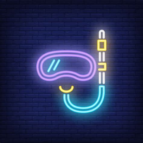 다이빙 마스크 네온 사인 어두운 벽돌 벽 바탕에 스노클링 장비 Eps Uidownload