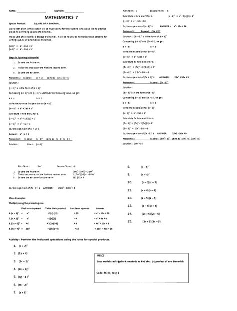Square Of A Binomial Worksheet Pdf Mathematics Mathematical Analysis