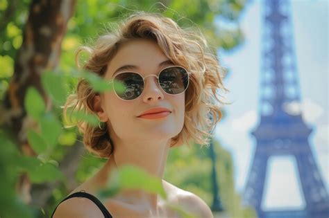 Smiling Woman Standing In Front Of The Eiffel Tower Premium AI
