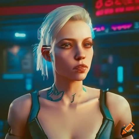 Photorealistic Portrait Of A Platinum Blonde Woman In Cyberpunk 2077 On