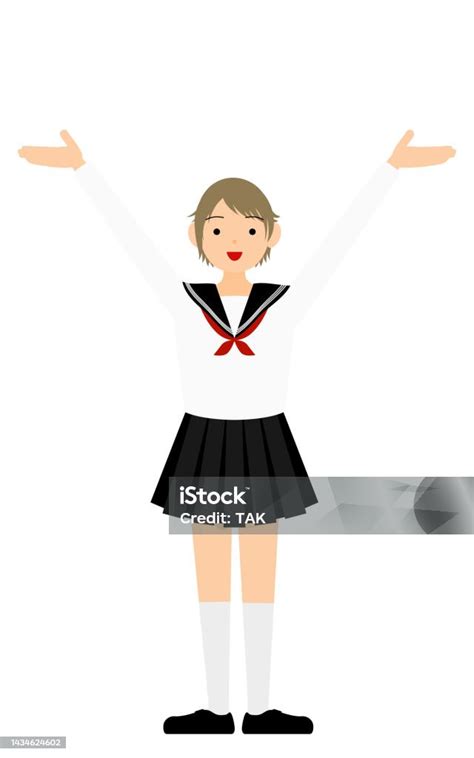 하얀 학교 선원 유니폼을 입은 소녀 뻗은 손을 들고 포즈 공부에 대한 스톡 벡터 아트 및 기타 이미지 공부 교습 교육