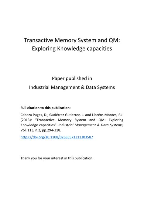 Pdf Transactive Memory System And Tqm Exploring Knowledge Capacities