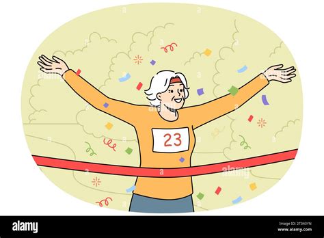 Smiling Elderly Woman Cross Finish Line At Running Contest Happy