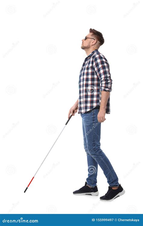 Blind In Dark Glasses With Walking Cane On White Background Stock Image