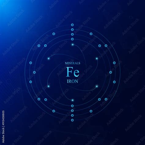 Molecular Model Atom Chemical Structure Of Iron Minerals On Dark Blue Background Medical