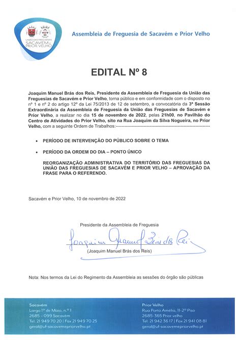 Edital Nº8 3ª SessÃo ExtraordinÁria Da Assembleia De Freguesia Da