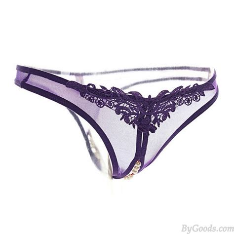 Sexy Crotchless Bordado Encaje Perla Masaje Pantalones Mujer Lencería