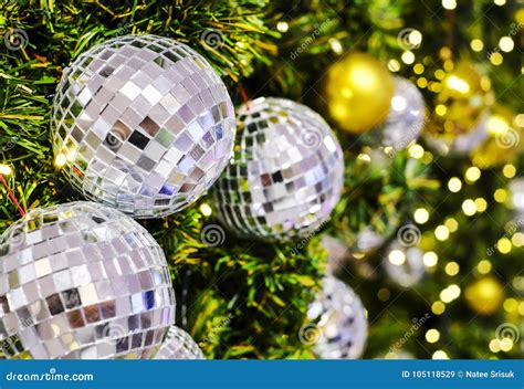 Christmas Decoration Of Disco Mirror Ball On Xmas Tree Stock Image