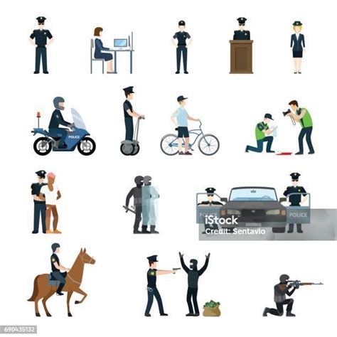범죄 현장에 평평한 도시 경찰 장교 승마 말 또는 자전거 여성 쓰기 보고서 경찰 차 뒤에 숨어 범죄 벡터 일러스트 레이 션을 들고 시립 전문가 법과 질서 개념 사람들에 대한
