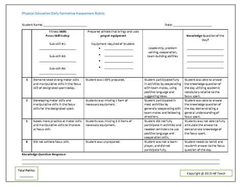 Physical Education Daily Formative Rubric 1 Physical Education Daily
