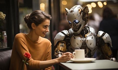 Woman Sitting At Table Next To Robot Premium Ai Generated Image