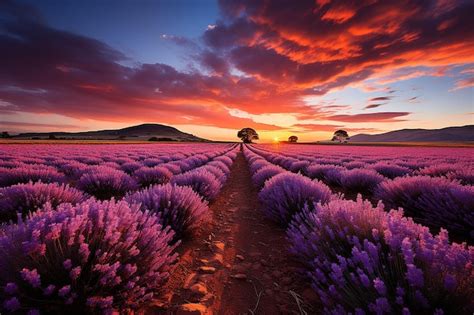 Premium Ai Image Twilight Lavender Fields A Beautiful Field Of Lavender Ai Generated