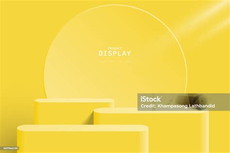 원 모양의 배경으로 사실적인 깨끗한 노란색 3d 원형 연단 제품 전시 또는 모형을 위한 최소한의 벽 장면 쇼케이스를 위한 무대