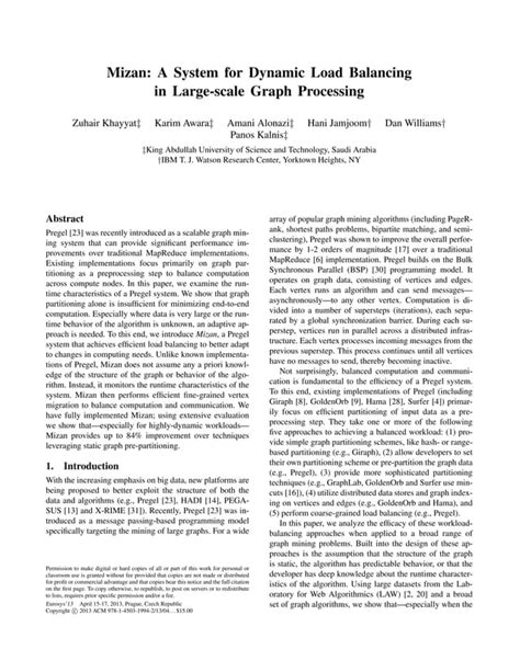 Mizan A System For Dynamic Load Balancing In Large Scale Graph