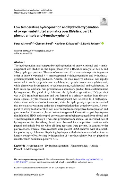 Pdf Low Temperature Hydrogenation And Hydrodeoxygenation Of Oxygen