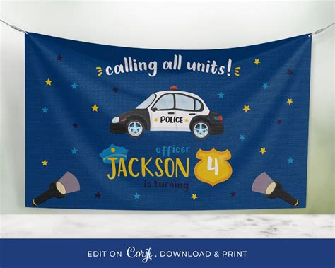 Police Editable Backdrop Banner Birthday Sign Policeman Car Decorations