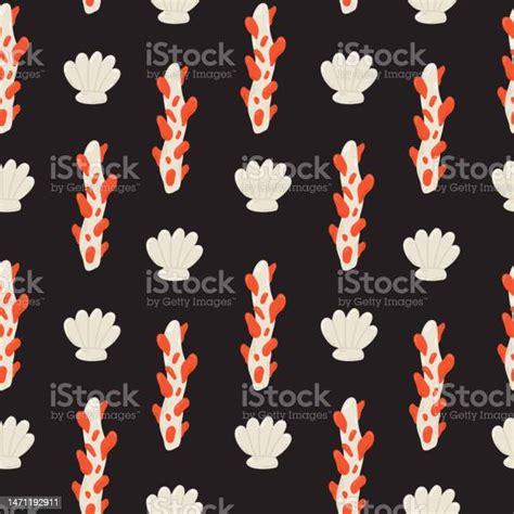 귀여운 산호와 조개가 있는 여름 해양 패턴 손으로 그린 평평한 만화 요소 벡터 그림 계절에 대한 스톡 벡터 아트 및 기타 이미지 계절 공휴일 과일 Istock