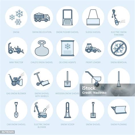 눈 제거 플랫 라인 아이콘입니다 이전 서비스 표시 얼음 추운 날씨 장비스노우 방사 기 송풍기 트럭 프런트 로더 눈 삽 벡터 일러스트 레이 션 산업 청소 기호 눈삽에 대한