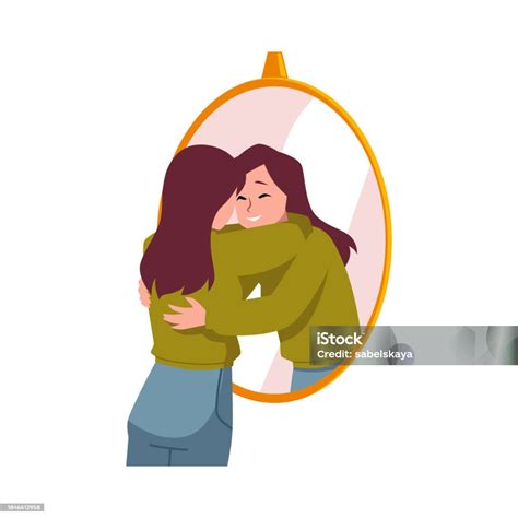 거울 평면 스타일 벡터 일러스트 레이 션에 반사를 껴안는 소녀 감정에 대한 스톡 벡터 아트 및 기타 이미지 감정 개성 개념