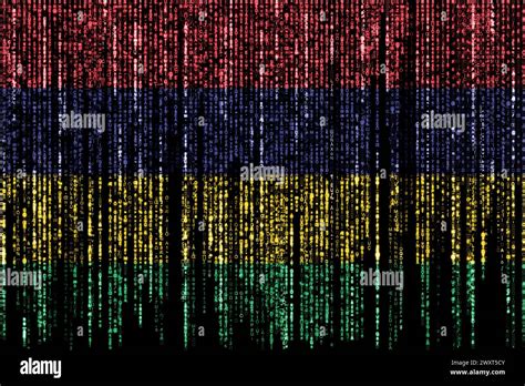 flag of mauritius on a computer binary codes falling from the top and